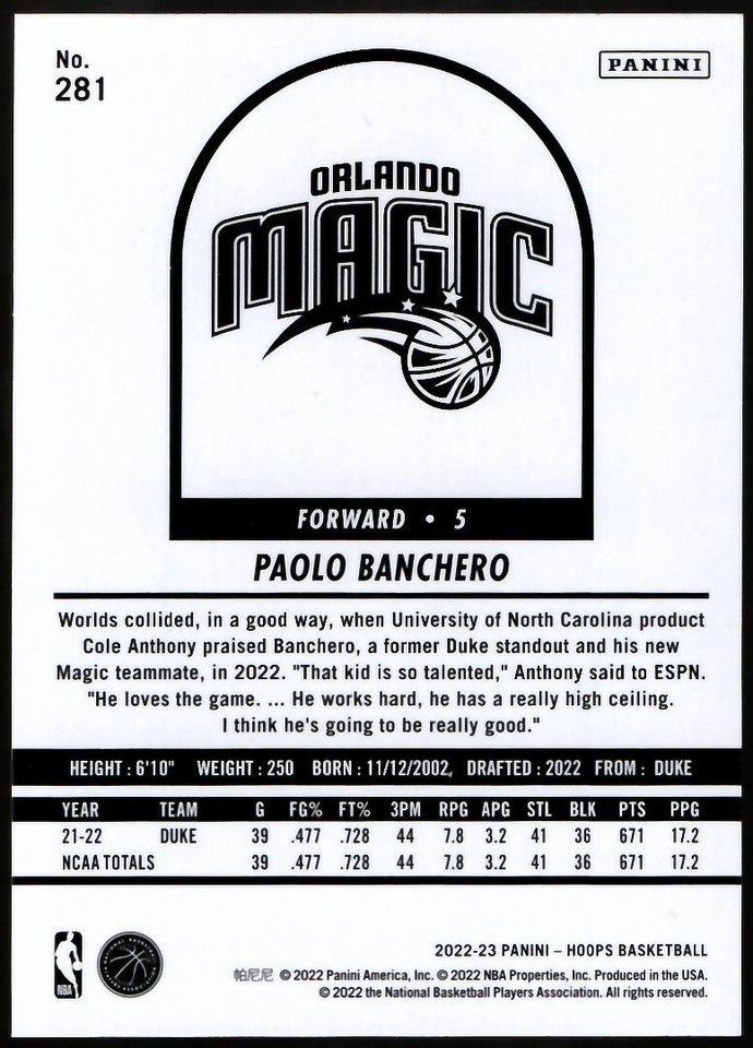 2022-23 Hoops Paolo Banchero RC Orlando Magic card# 281 NBA Basketball ...
