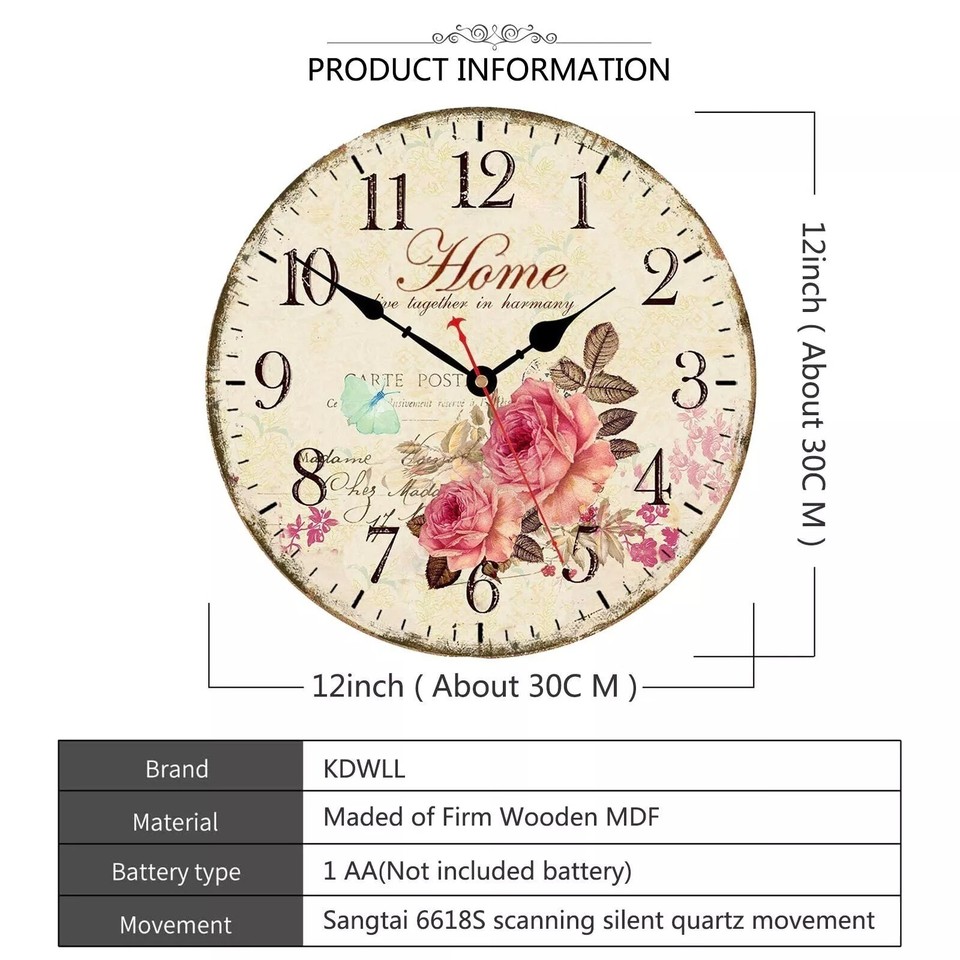 12 In Rose Flowers Wall Clock Retro Wood Quartz Large Quiet Round Wall ...