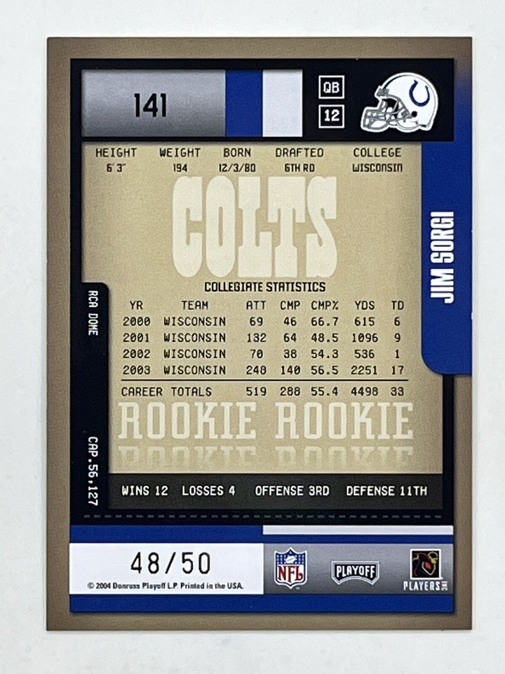 Jim Sorgi 2004 Playoff Conteders Playoff Ticket RC /50 #141 Sports ...