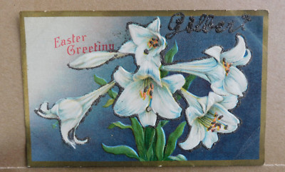 VINTAGE POSTCARD EASTER GREETINGS EMBOSSED EASTER LILLY WITH GLITTER ...