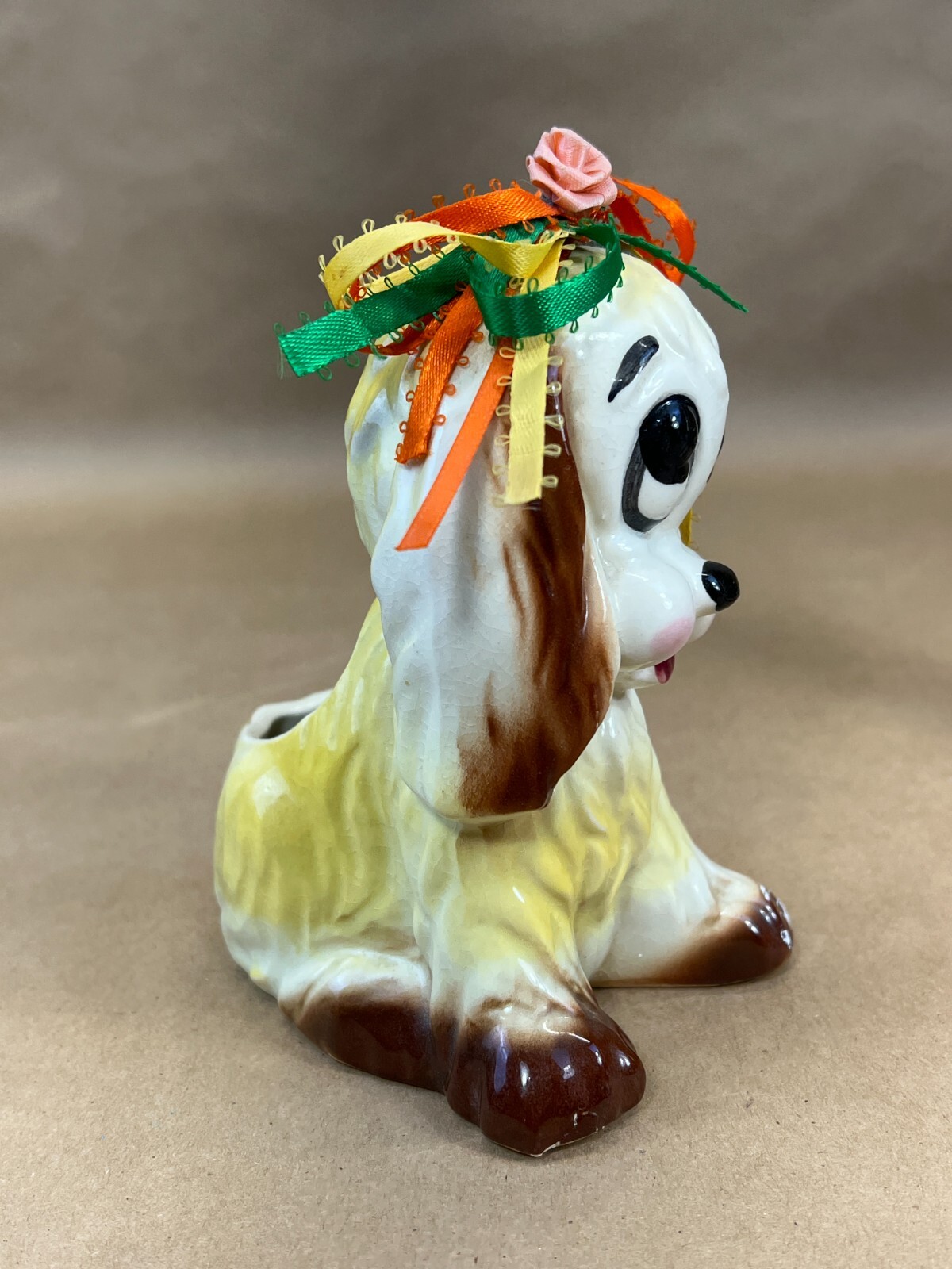 Vtg Puppy Dog Cocker Spaniel Planter Vase Big Eyes Yellow Maroon ...