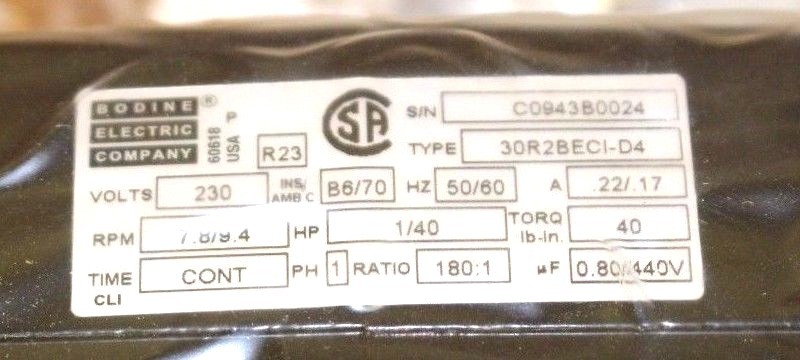 NIB BODINE ELECTRIC 30R2BECI-D4 AC GEARMOTOR 230V 1/40HP 180:1 ...