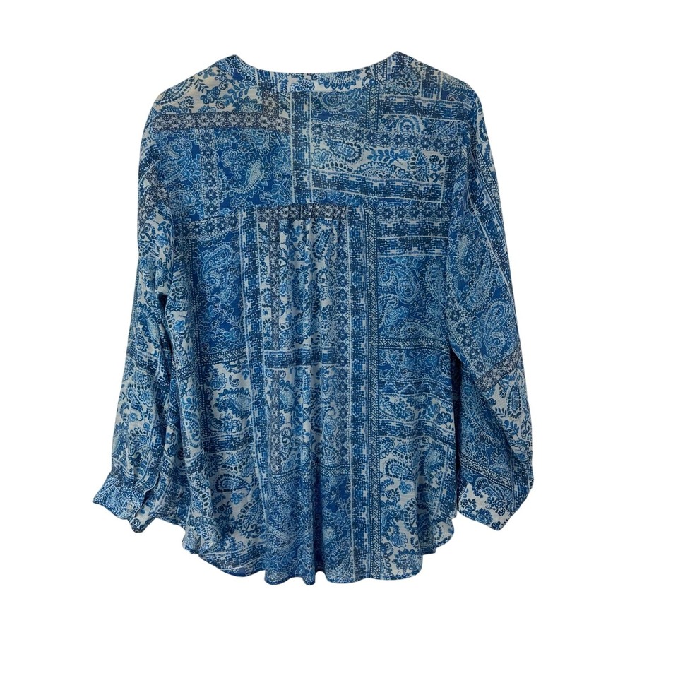Zac & Rachel Button Up Top Blue White Paisley 1X Boho Festival Casual ...
