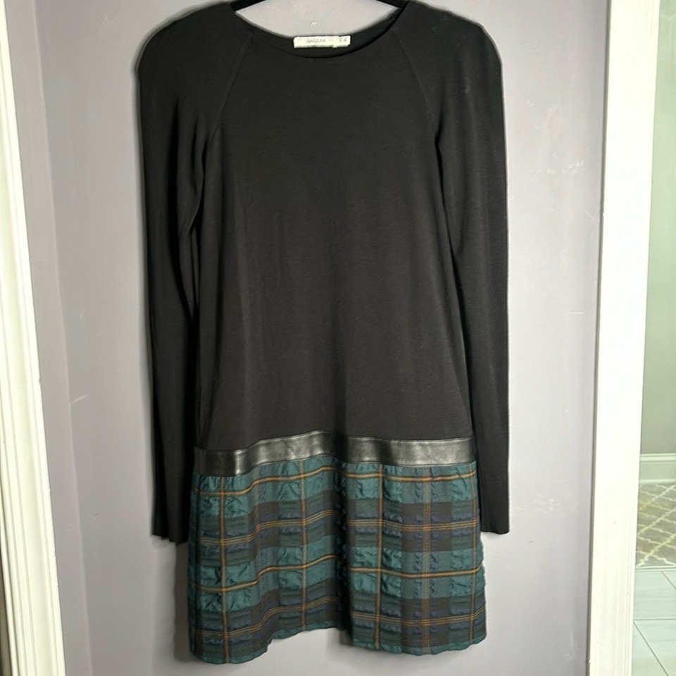 Bailey 44 Black Long Sleeve Drop Waist Dress Green Plaid Bottom Size XS ...