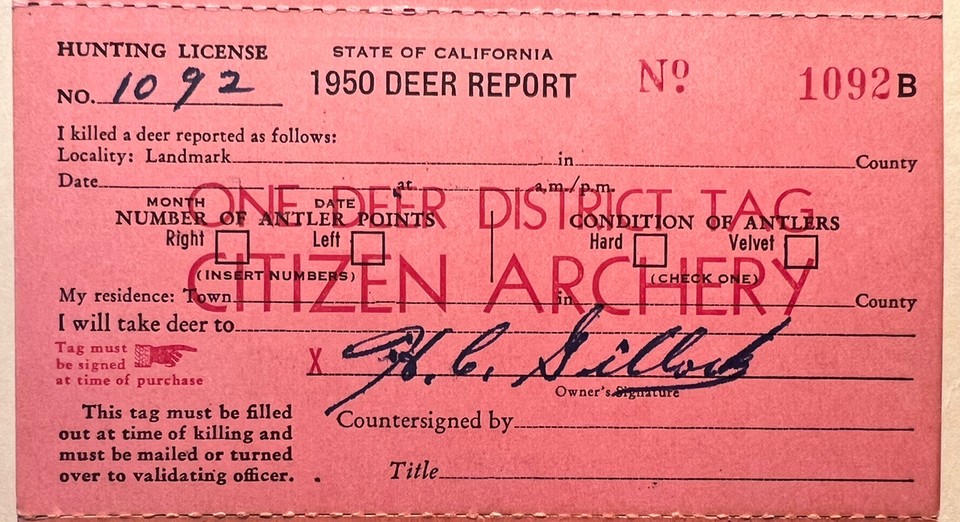 TWO 1950 CALIFORNIA DIVISION OF FISH & GAME DEER LICENSE ARCHERY TAGS ...