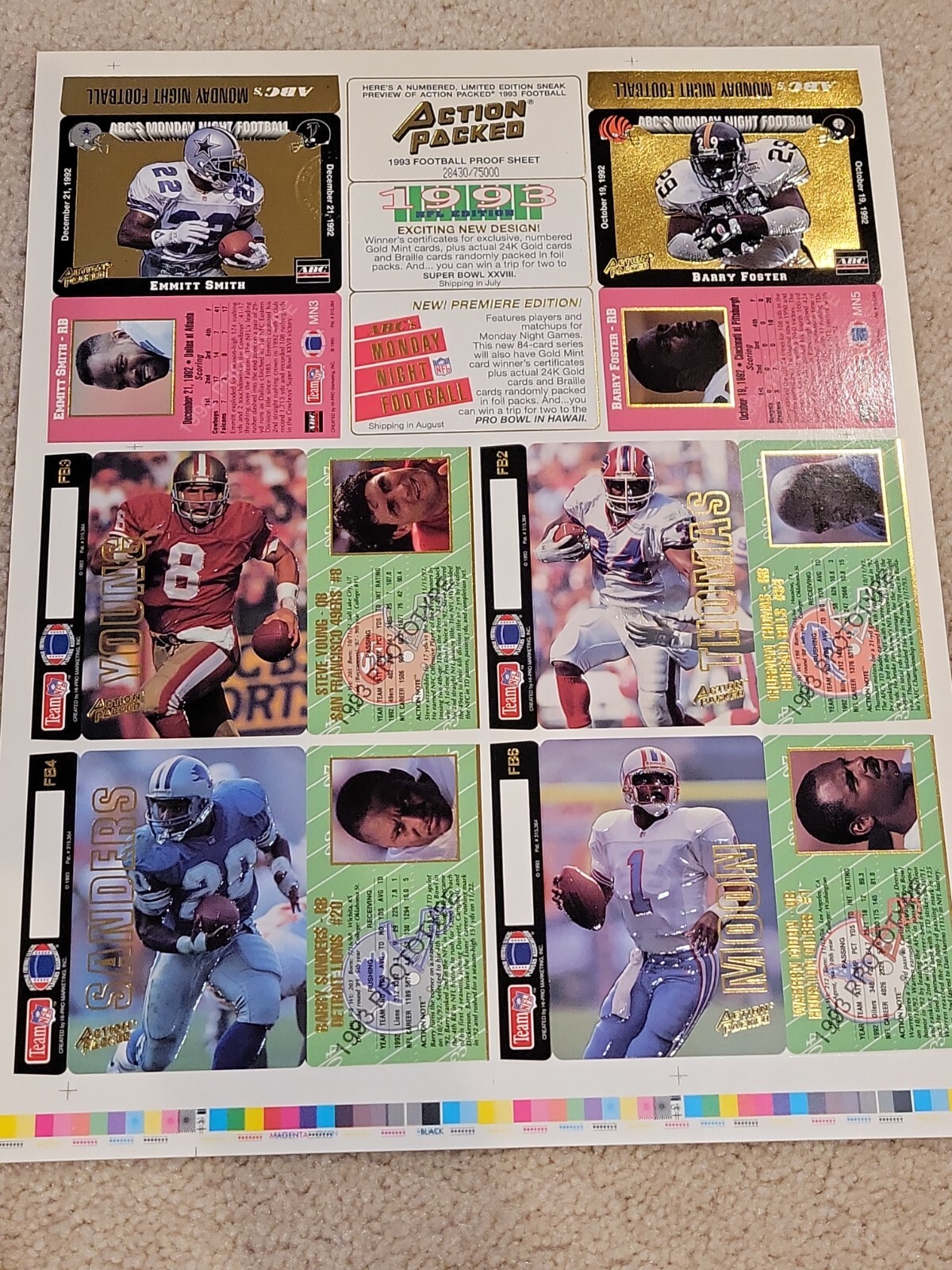 1993 Action Packed Football Monday Night Football Uncut Promo Sheet ...