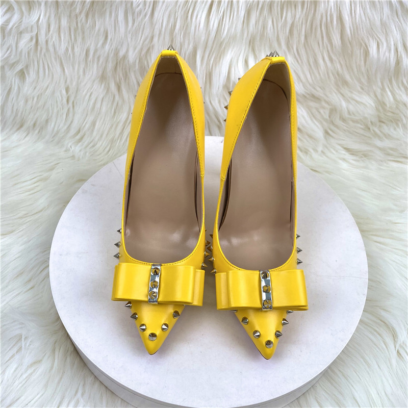 Women's Pump Yellow Heels Club Bow Studded Stiletto Shoes Pointed Toe ...