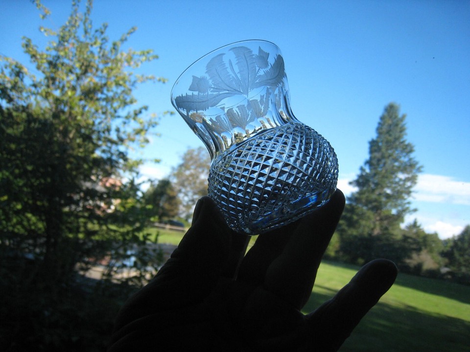 EDINBURGH SCOTTISH CRYSTAL.. THISTLE CUT PATTERN.. TWO 3 1/4" WHISKEY ...