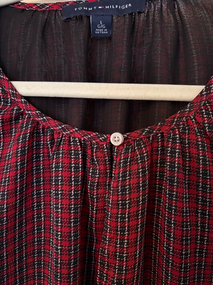 Tommy Hilfiger Women's Long Sleeve Ruffled Red Plaid Top Blouse- L ...