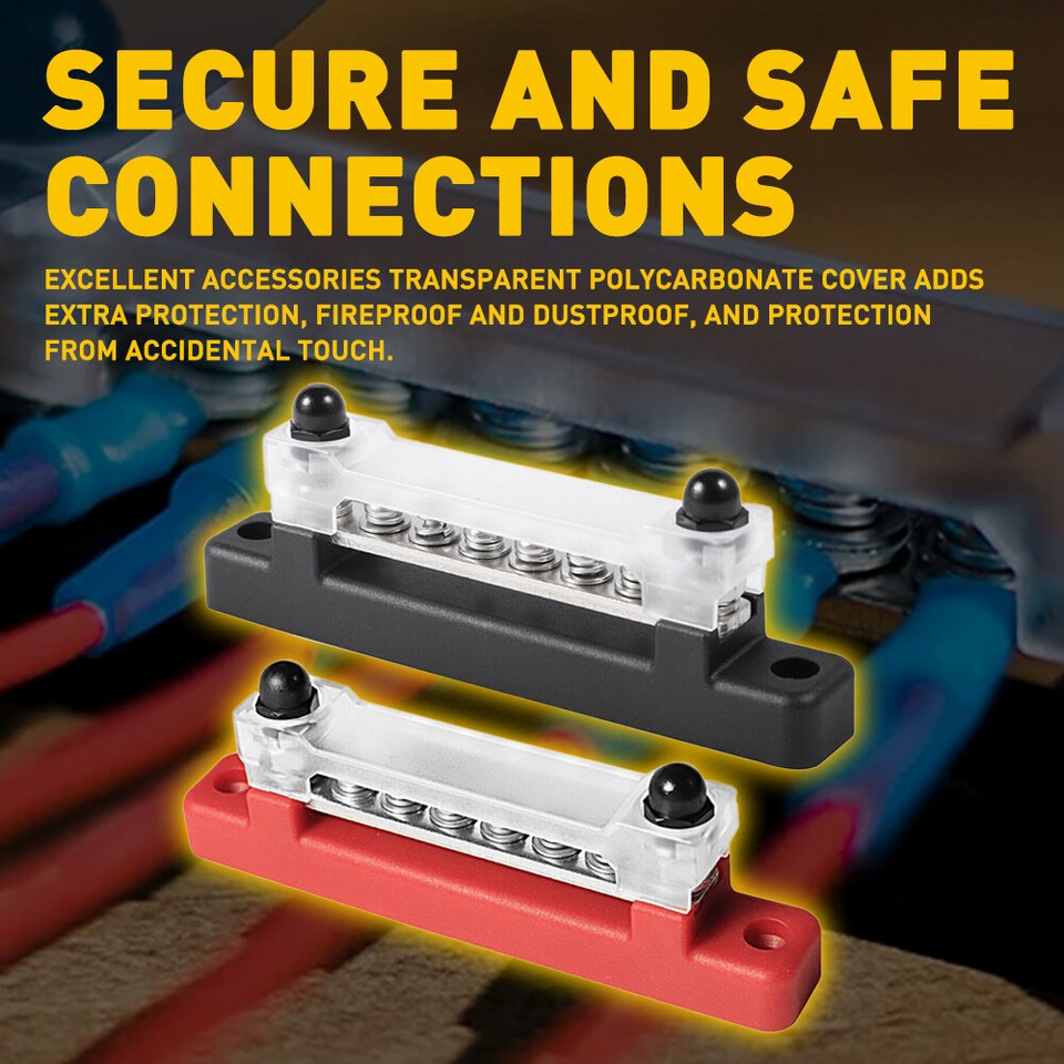 2x 6 Terminal Power Block Bus Bar & Cover 12V Distribution Bus Bar Auto ...