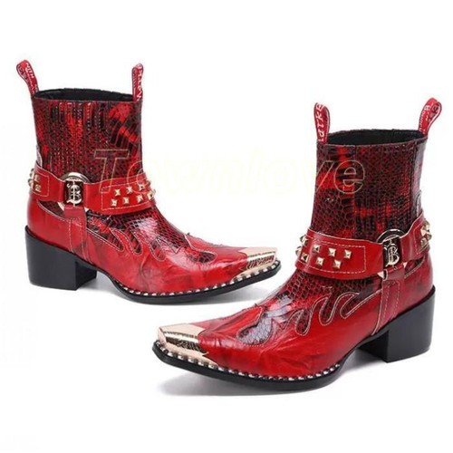 Men's Metal Pointed Toe Punk High Top Thick Heels Rivet Decor Casual ...