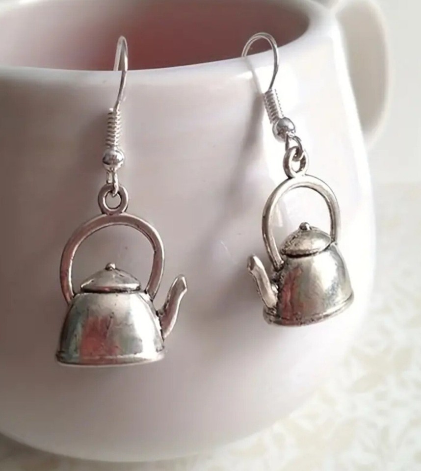 TEA POT Earrings TEA KETTLE Retro Vintage Style Silver Teapot Tea Party ...