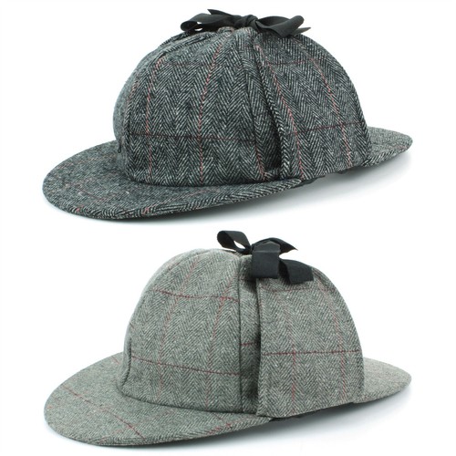 Wool Herringbone Deerstalker Flat Cap Grey Tweed Sherlock Hat Ear Flap ...