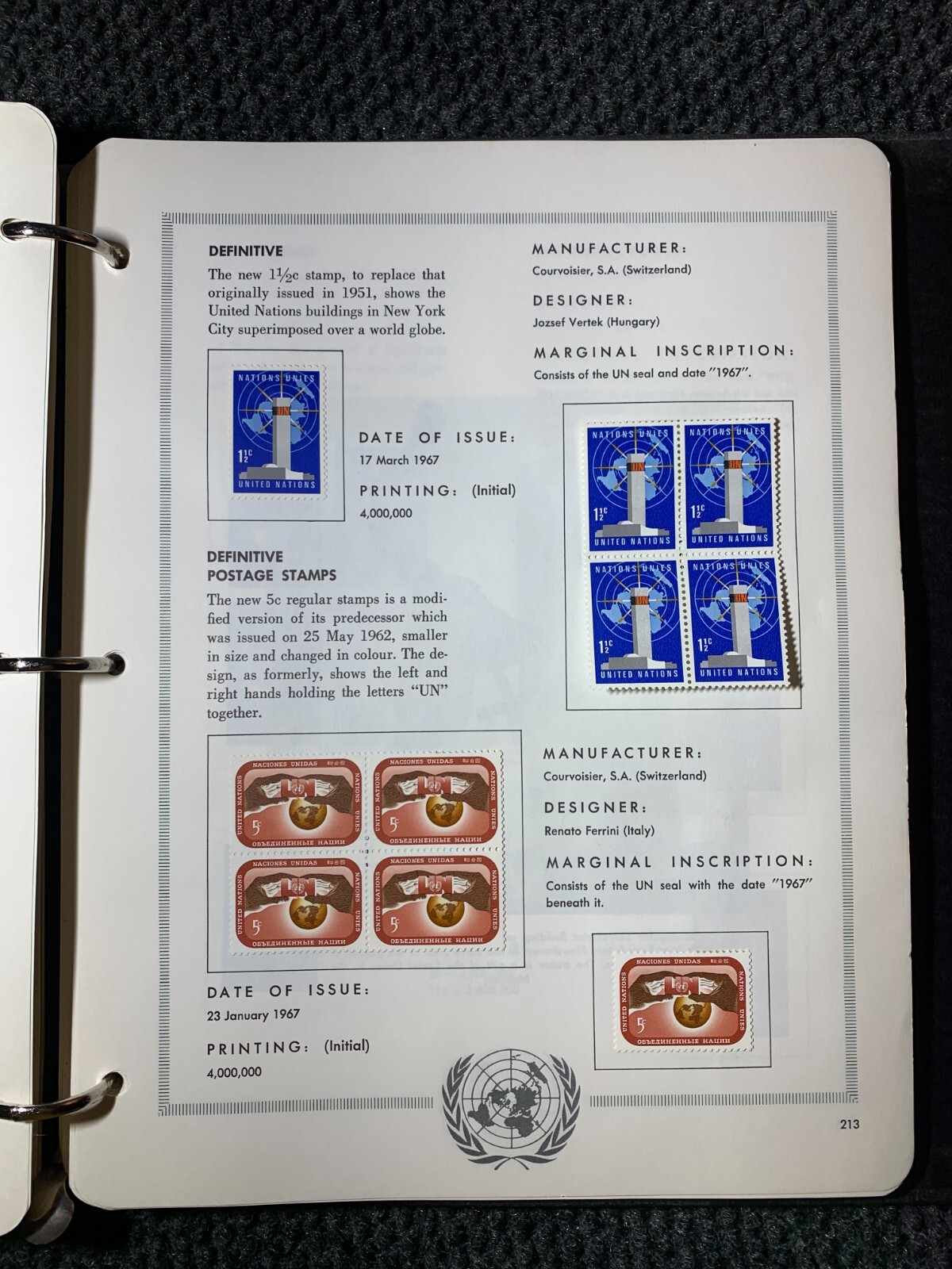 ☆1952-1970☆ 287 Pg UNITED NATIONS STAMP ALBUM Uncancelled Stamp ...