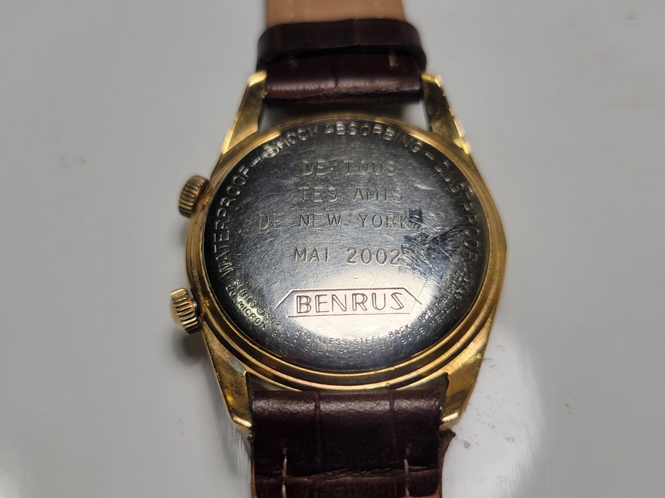 Vintage Mens Benrus Mechanical Wrist Alarm Dress Watch Gold Tone Case ...