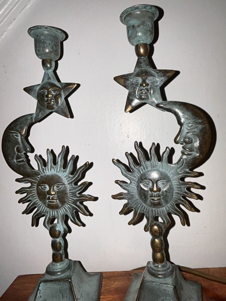 Vintage Pair Brass Verdigris Wiccan Gothic Celestial Moon Sun Star ...