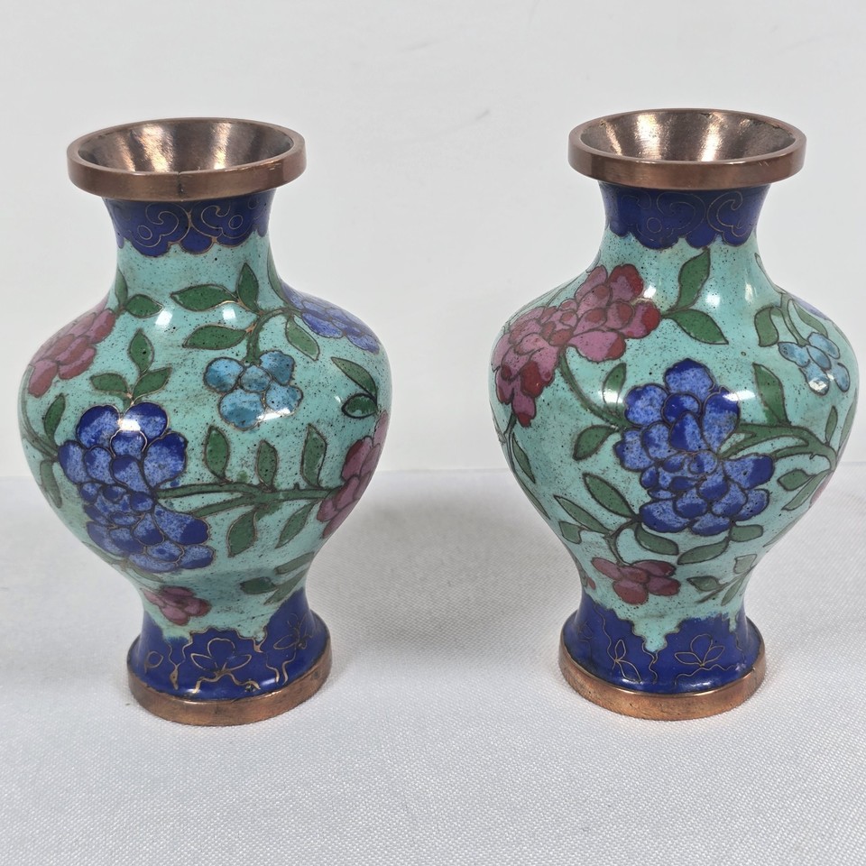 PAIR OF VINTAGE ASIAN CHINESE CLOISONNE BLUE VASES WITH FLOWERS & BIRD ...