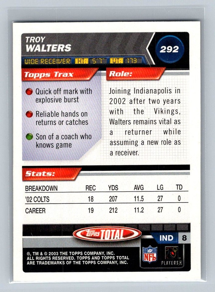 Troy Walters #292 2003 Topps Total Indianapolis Colts | eBay