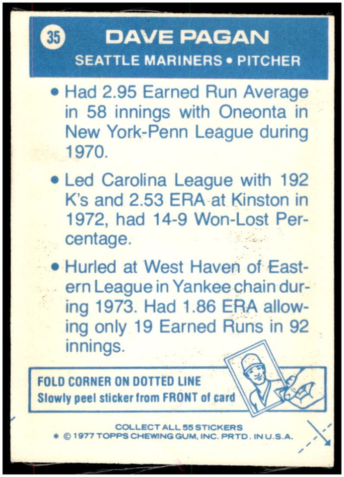 1977 Topps Cloth Stickers #35 Dave Pagan | eBay