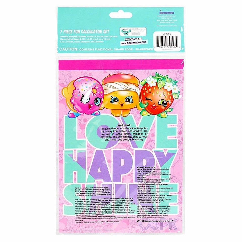 Shopkins 7 Piece Fun Calculator Stationery Set Pencil Eraser Sharpener ...