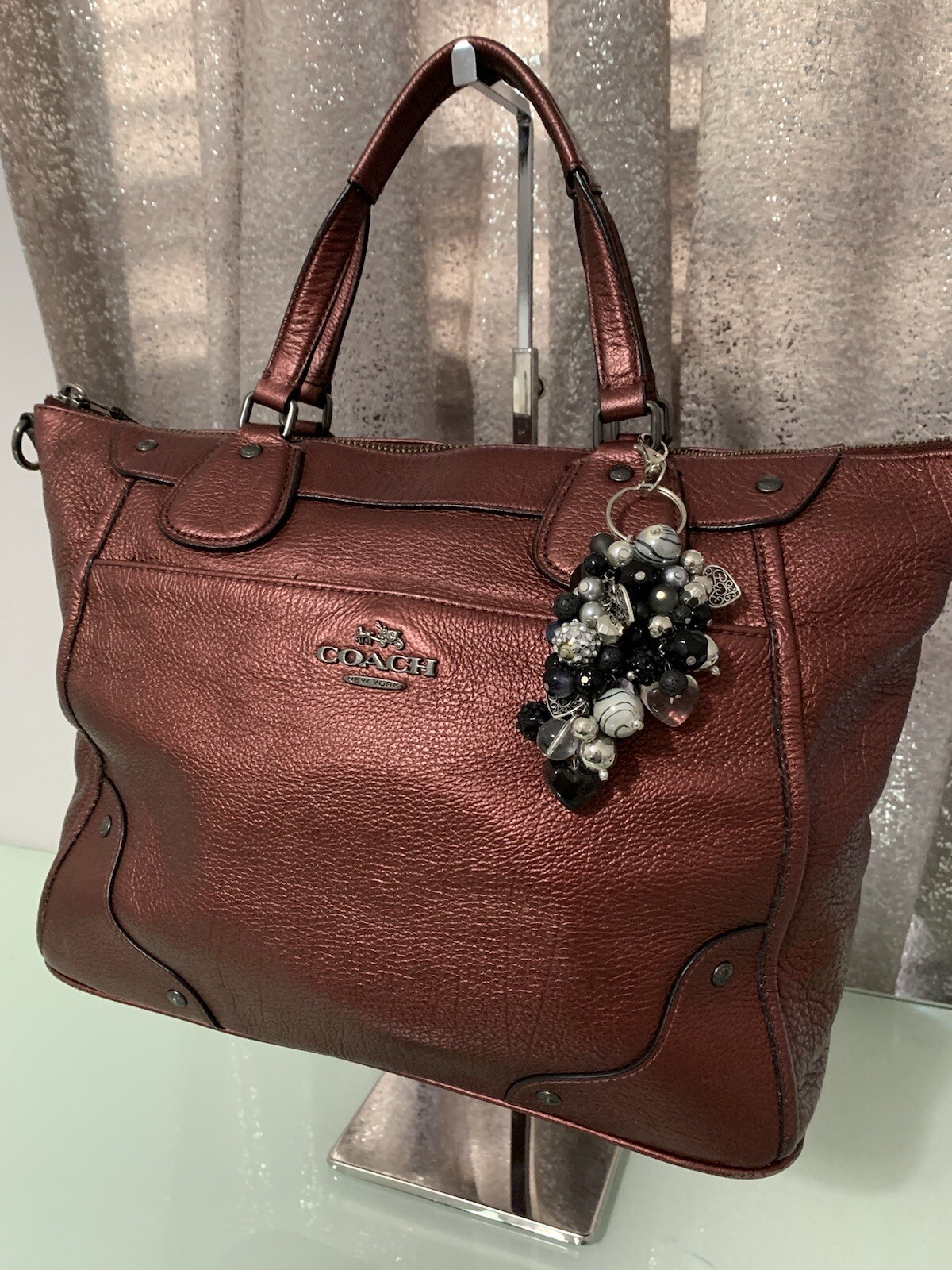 Coach F34040 Mickie Metallic Burgundy Leather Satchel… - Gem