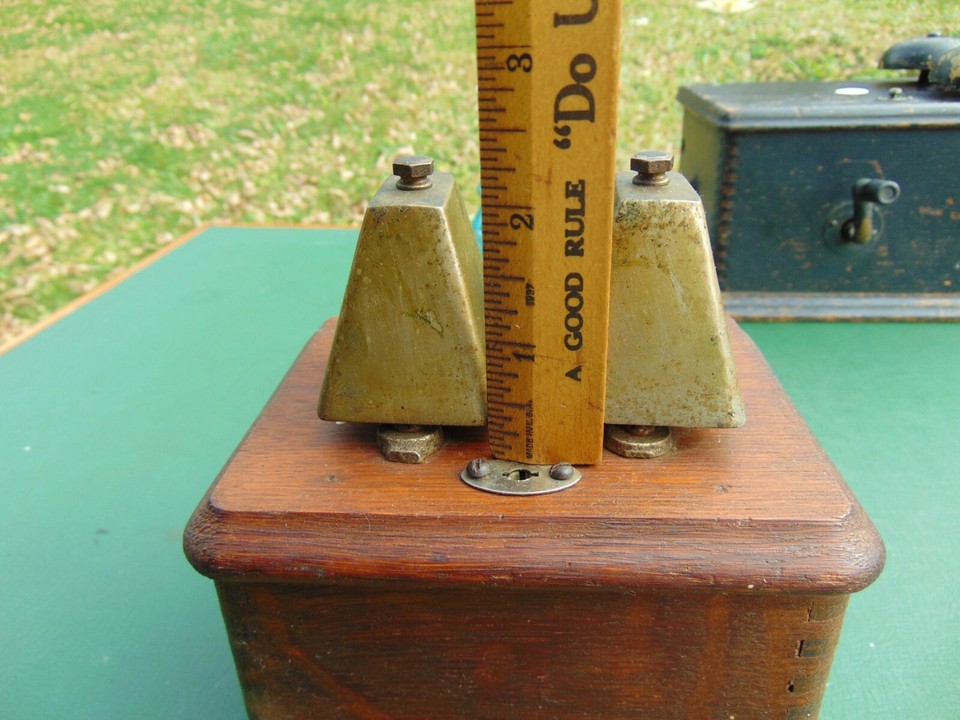 Antique Western Electric Phone Ringer Box Cow Bell Gongs Oak Dovetail ...