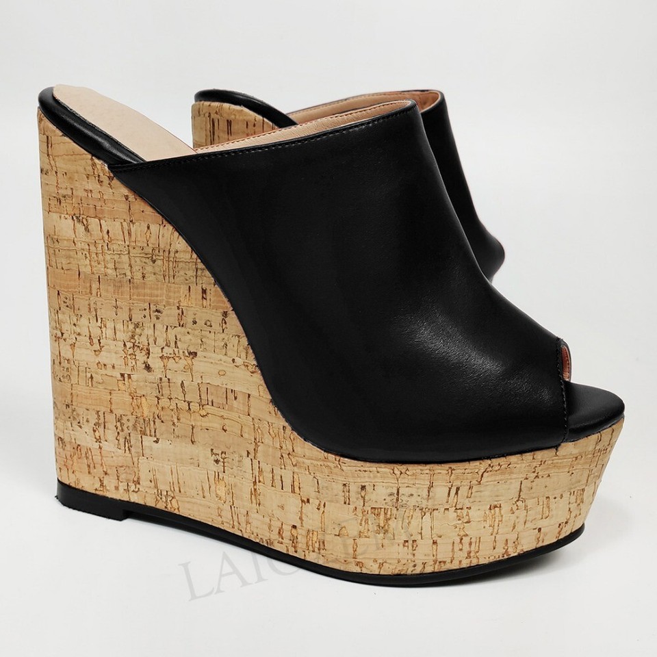 Women Pumps Platform Wedges Height Increase Heels Slides Peep Toe Shoes ...