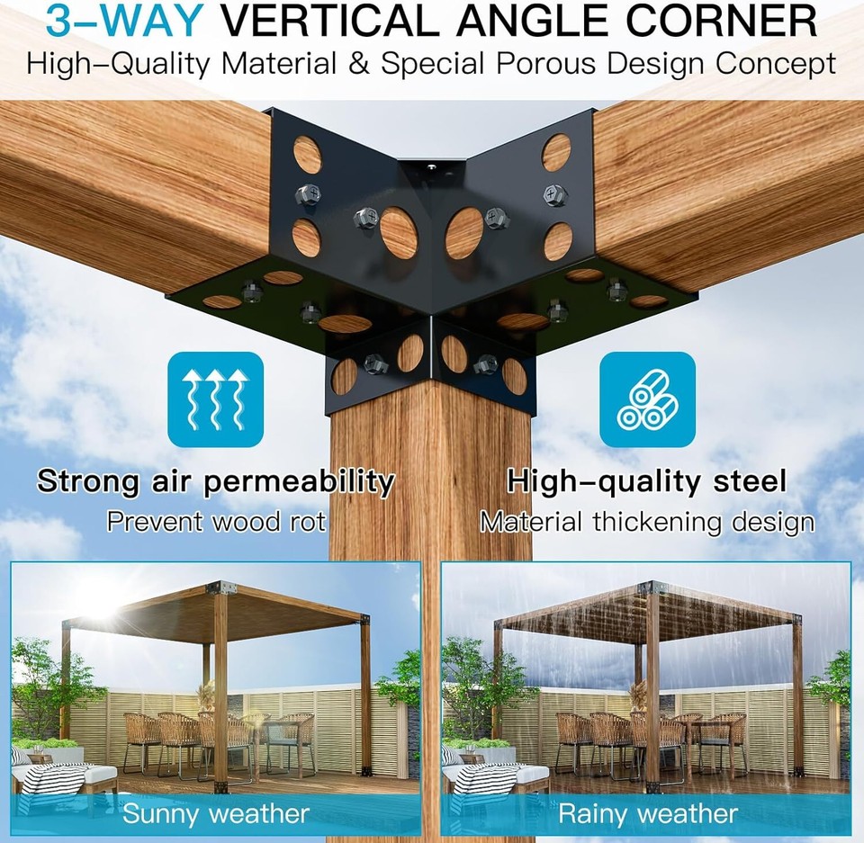 4 Pack Pergola Brackets Kit 3-Way Corner Bracket/Gazebo Kit Post Base ...