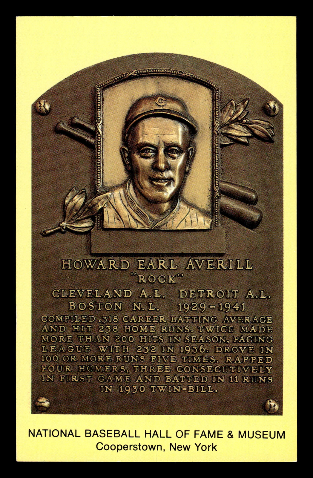 Earl Averill Yellow Hall of Fame Plaque Postcard Cleveland Indians | eBay