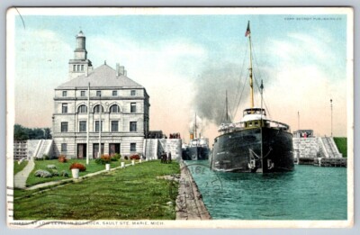 At Low Level, Poe Lock, Sault Ste Marie Michigan, Antique 1910 Phostint ...