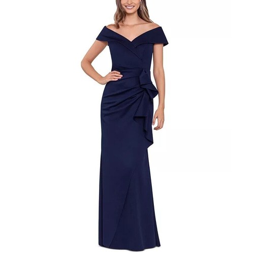 XSCAPE Off the Shoulder Ruffle Scuba Knit Gown Dress Midnight Blue Size ...