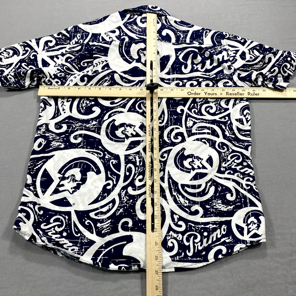 Primo Beer RIX Shirt Mens Medium Blue White Tribal Hawaiian Casual Camp ...