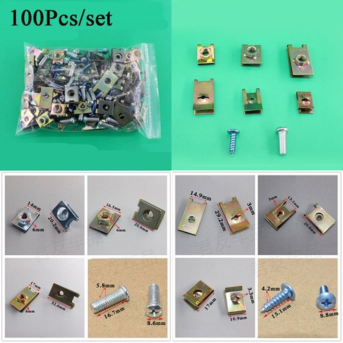 100Pcs Mixed U-Nuts Car Door Panel Fender Metal Fastener Screw Clips ...
