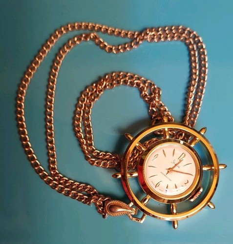 SHEFFIELD VINTAGE WATCH NECKLACE Gold Tone Chain SHIPS WHEEL SWISS ...