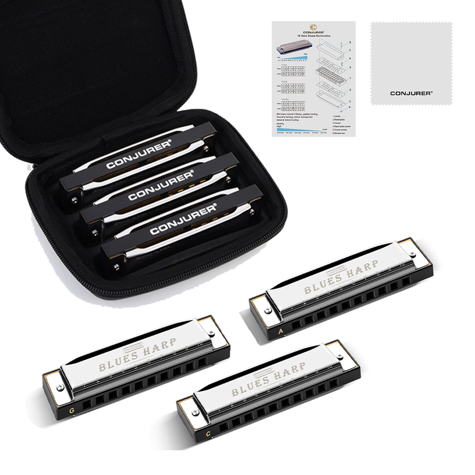 CONJURER Set of 3 Diatonic Harmonica Mouth Organ 10 Hole Blues Harp Set ...