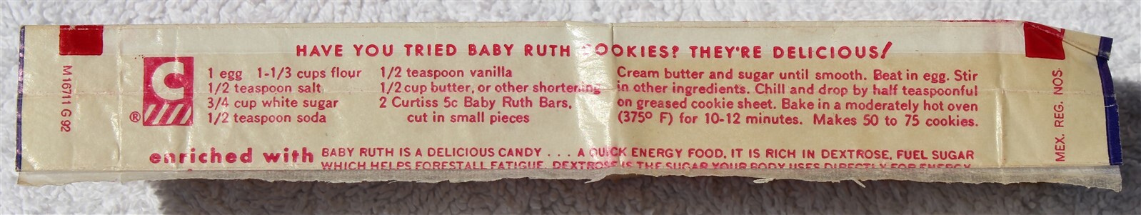 ©1952 Curtiss 5¢ Baby Ruth Candy Bar Wrapper w/Baby Ruth Cookie Recipe ...