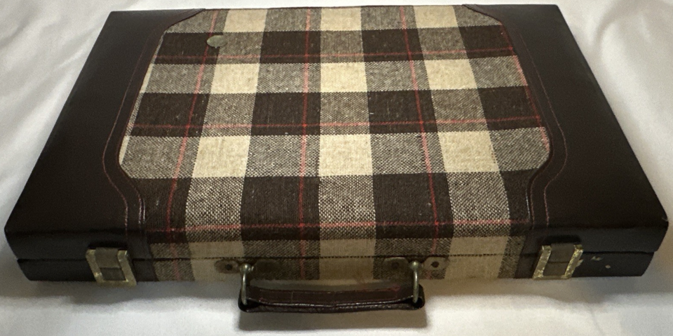 Backgammon Set Brown Plaid Fabric Case Vintage Aries of Beverly Hills ...