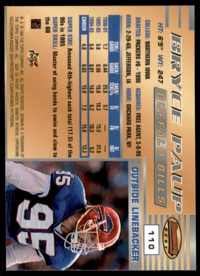 1996 BOWMAN'S BEST BRYCE PAUP BUFFALO BILLS #110 | eBay