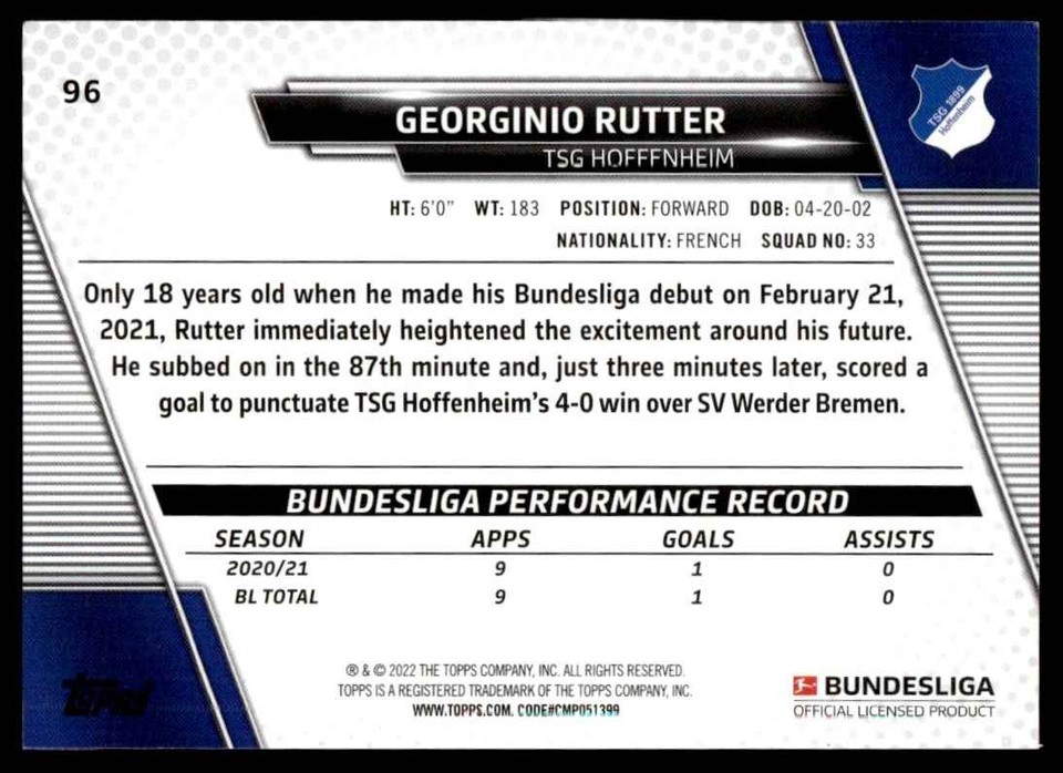 2021 OPPS BUNDESLIGA SOCCER CARD GEORGINIO RUTTER #96 RC TSG HOFFENHEIM ...