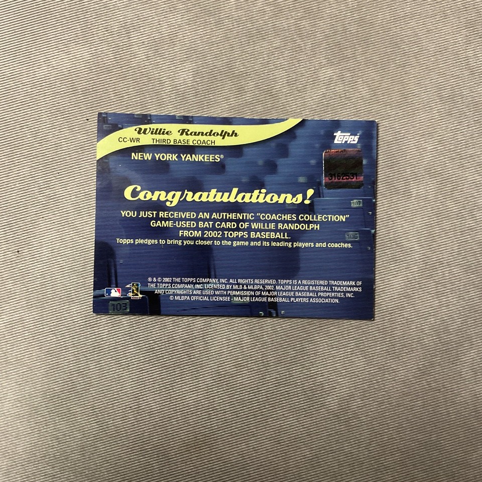 Mint 2002 Topps Coaches Collection Game-Used Bat Willie Randolph Card # ...