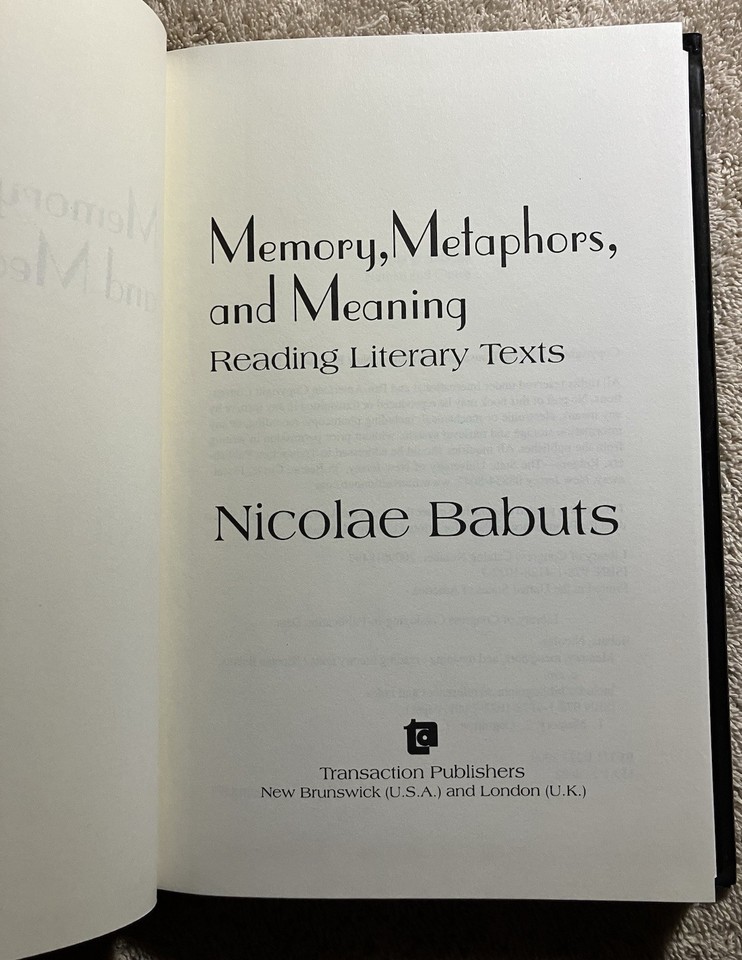 Memory, Metaphors, and Meaning: Reading Literary Texts HC/DJ Babuts ...