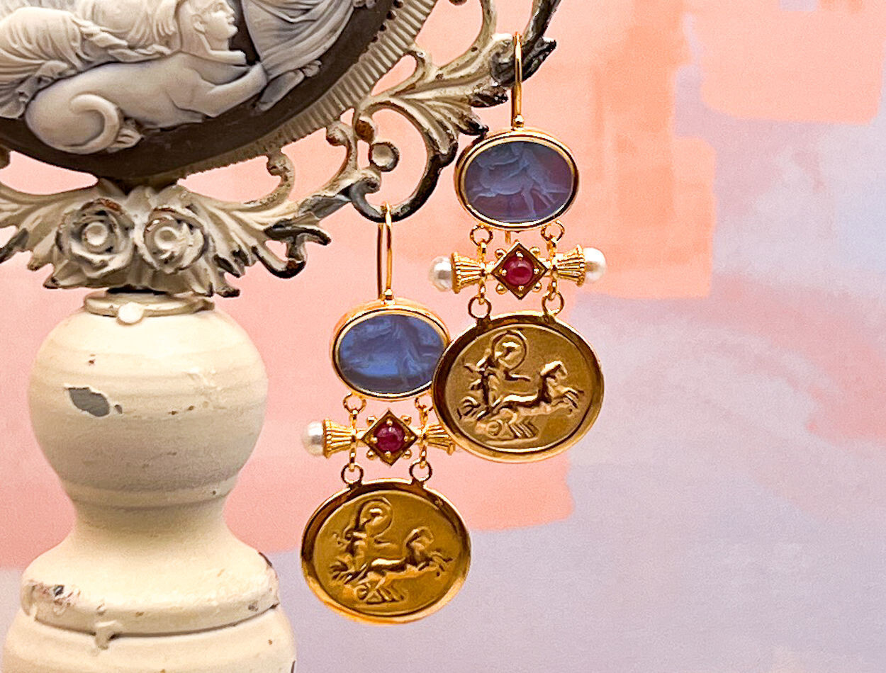 TAGLIAMONTE Designs (SH331-Blue) 18K Venetian Cameo Earrings*Pearls*Reg ...