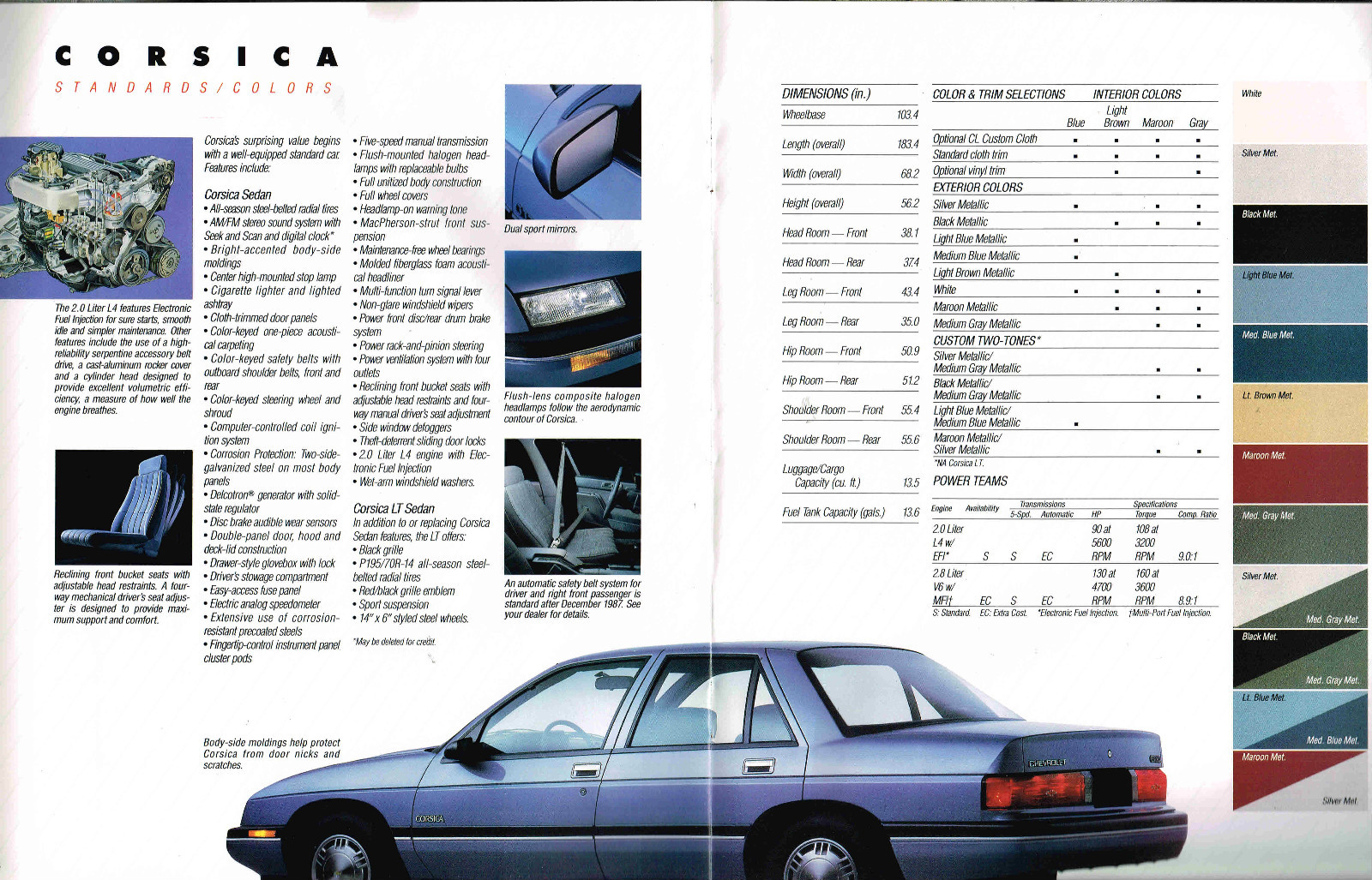1988 Chevy CORSICA Brochure / Catalog with Color Chart: CL, LT | eBay