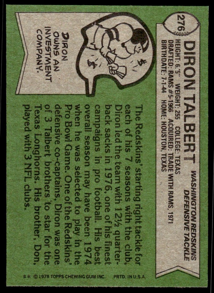 1978 TOPPS DIRON TALBERT WASHINGTON REDSKINS #276 | eBay