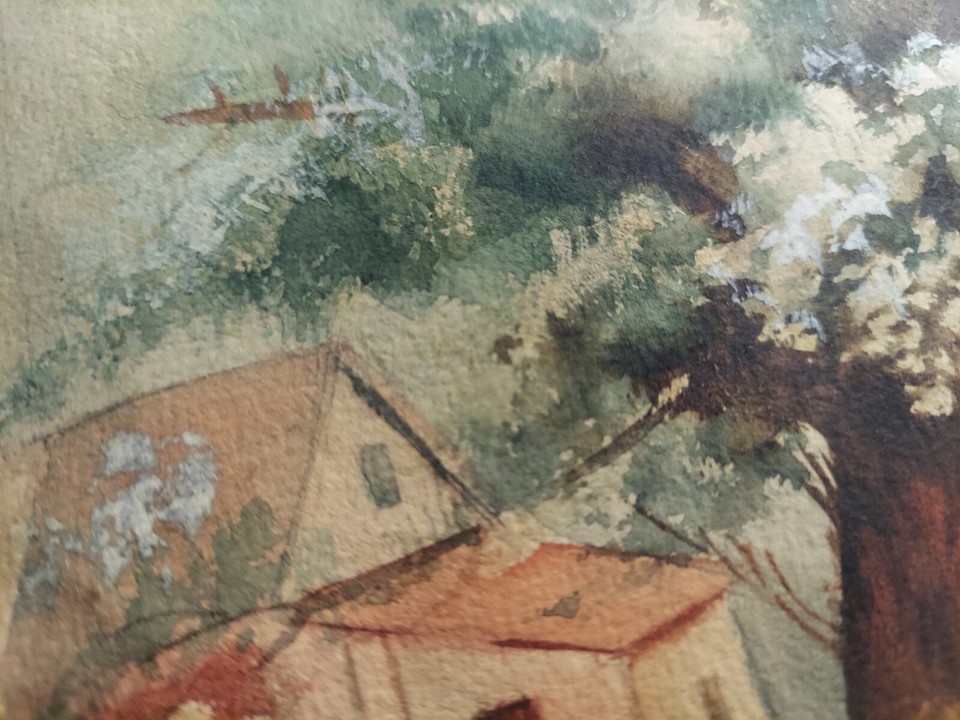 Vintage rural country spring painting Americana landscape farm house ...