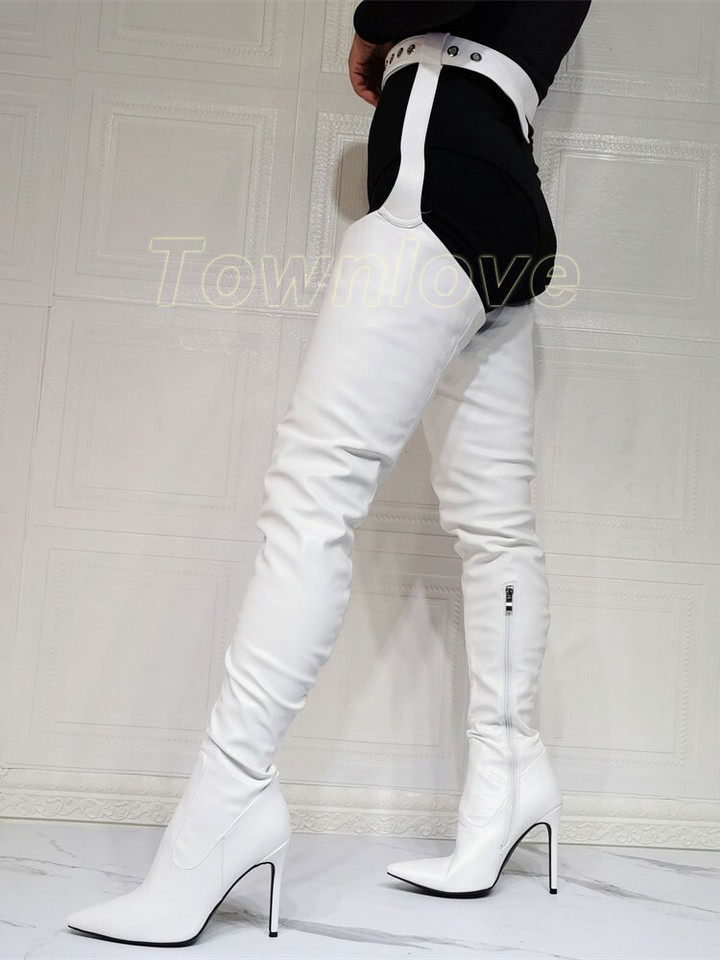 Women Chap Boots Thigh High Waisted Belt Faux Leather Stiletto Pointed ...