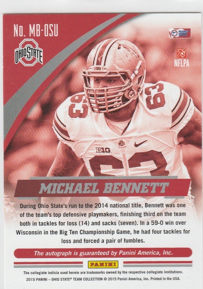 MICHAEL BENNETT 2015 PANINI OHIO STATE COLLEGIATE AUTOGRAPH SIGNATURE ...