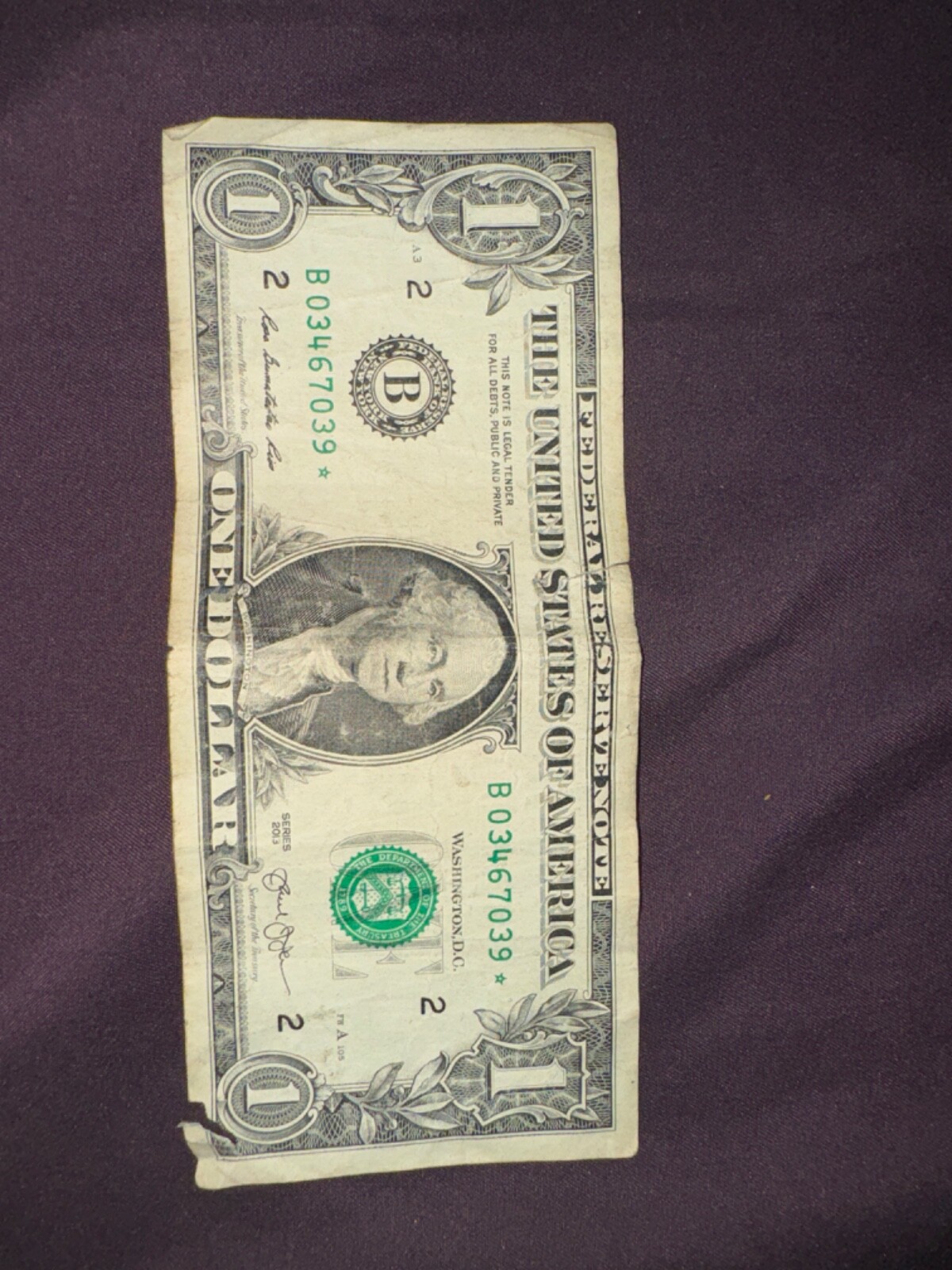 2013 One Dollar Bill Star Note Fancy Serial Number Note B series ...