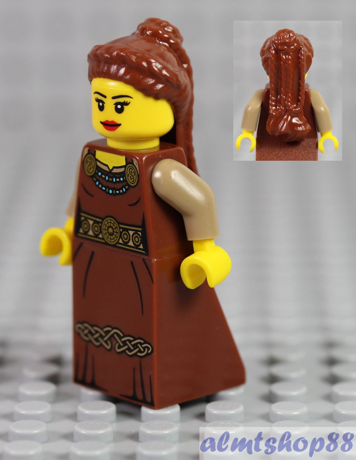 LEGO - Female Minifigure Brown / Gold Dress & Top Braided Hair Princess ...