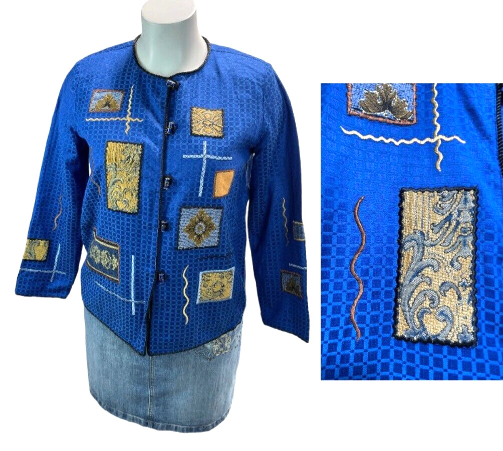 Julia Kin Blue Patchwork Embroidered Long Sleeve Butt… - Gem